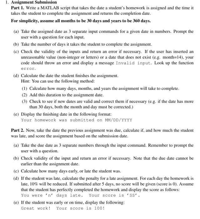 Solved 1 Assignment Submission Part 1 Write A Matlab