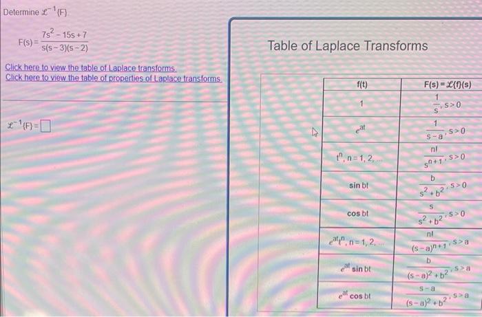 Solved Determine L−1{F} F(s)=s(s−3)(s−2)7s2−15s+7 Table of | Chegg.com