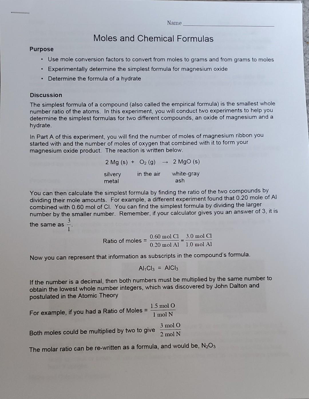 Solved Purpose - Use mole conversion factors to convert from | Chegg.com