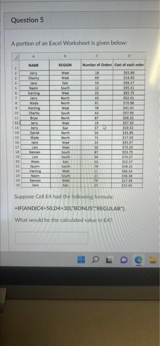 Solved Question 5 A portion of an Excel Worksheet is given | Chegg.com