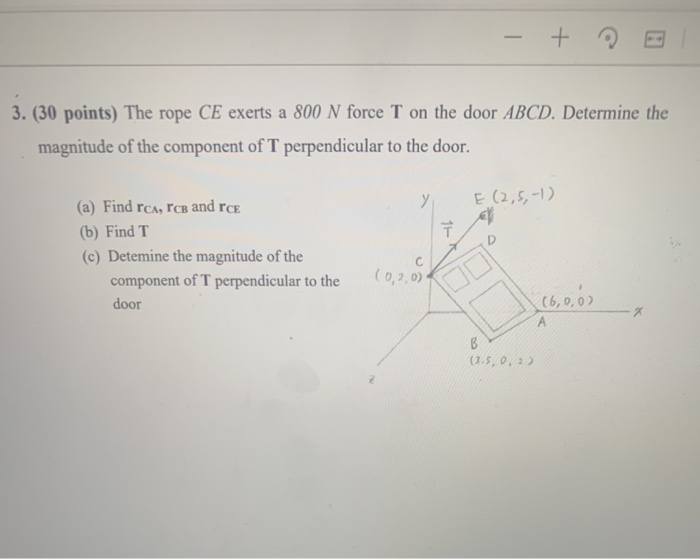Solved + 3. (30 points) The rope CE exerts a 800 N force T | Chegg.com