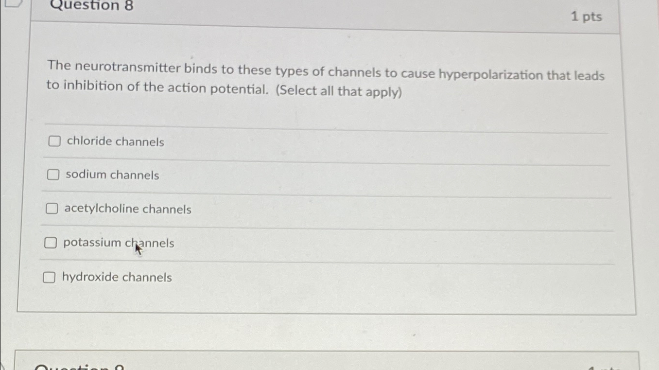 Solved Question 8 1pts ﻿The neurotransmitter binds to these | Chegg.com