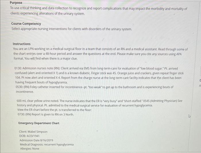 Solved Purpose To use critical thinking and data collection | Chegg.com