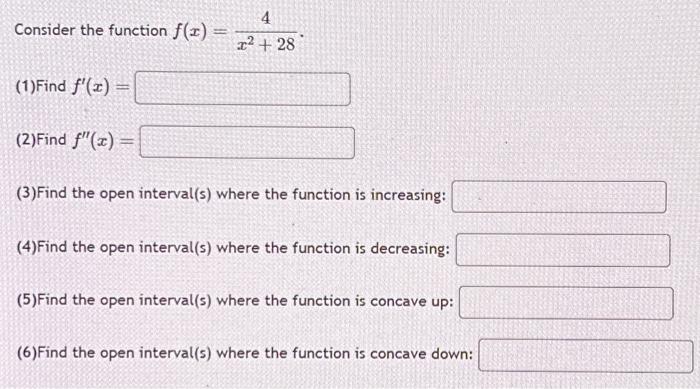 Solved Consider the function f(x)=x2+284 (1)Find f′(x)= | Chegg.com