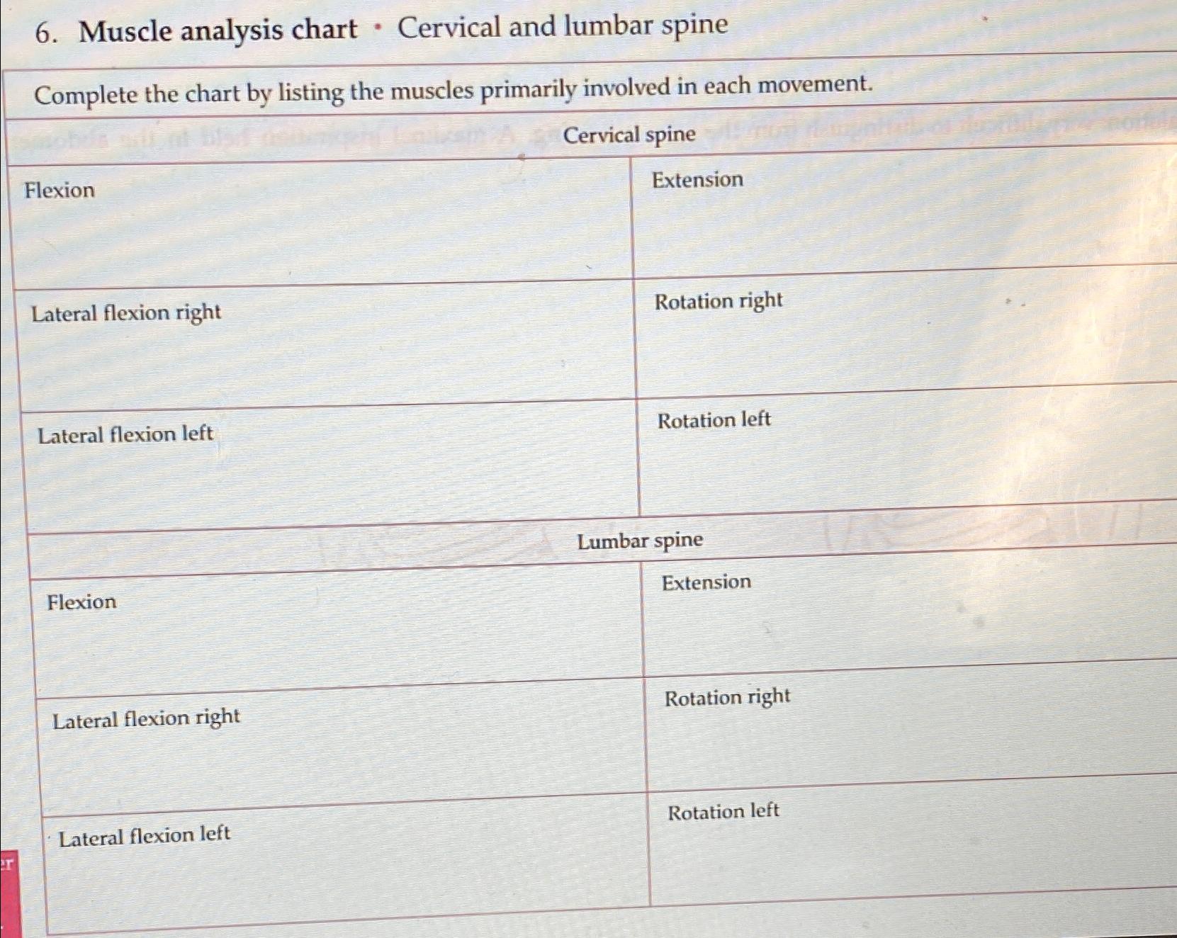 Solved Muscle analysis chart - ﻿Cervical and lumbar | Chegg.com