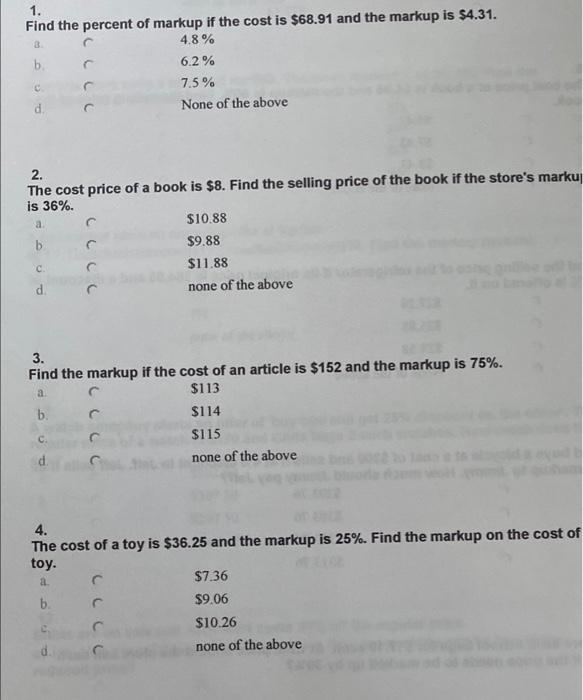 Solved 1. Find the percent of markup if the cost is $68.91 | Chegg.com