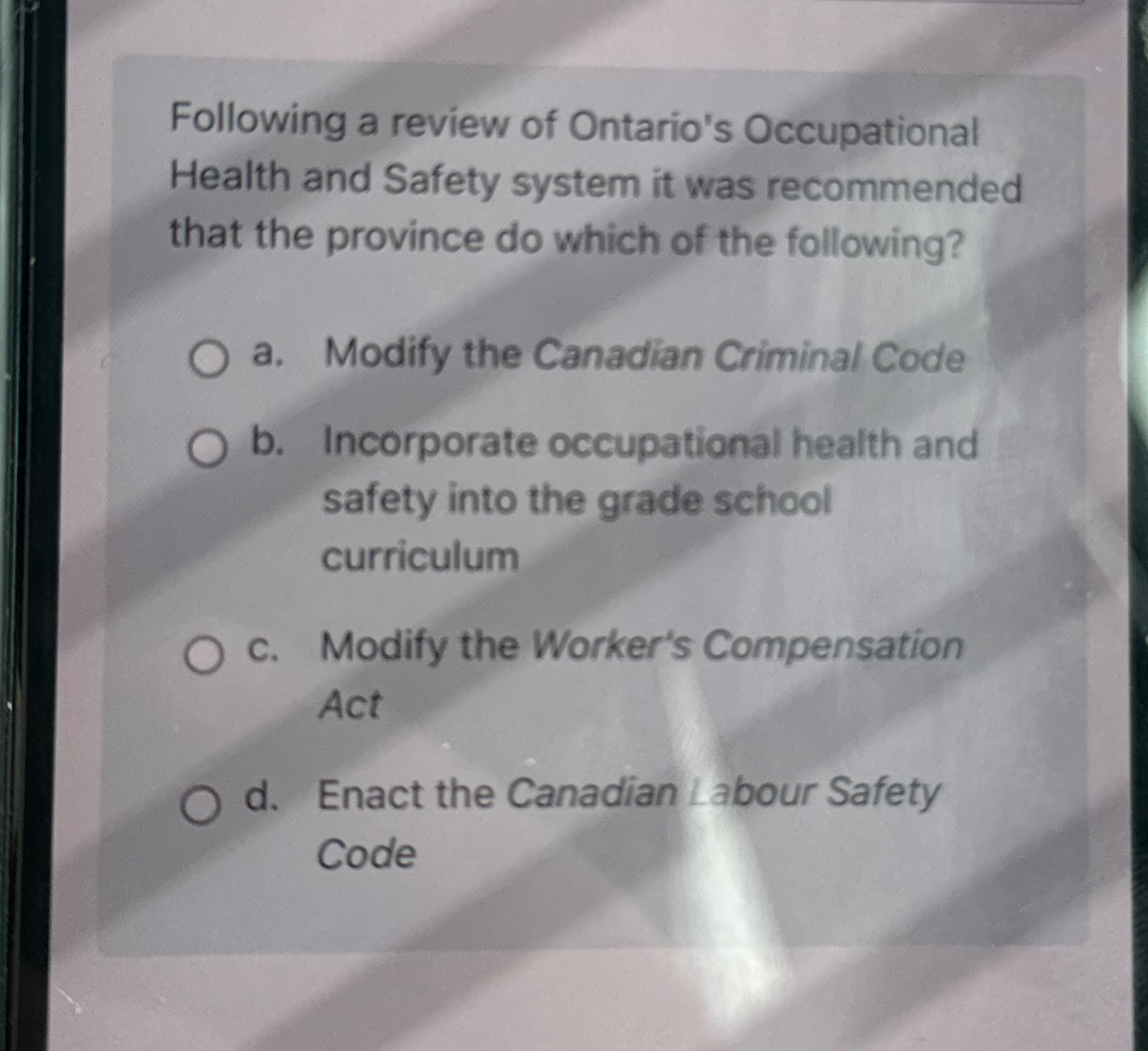 Solved Following a review of Ontario's Occupational Health | Chegg.com