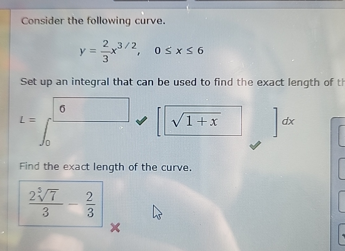 Solved Consider the following curve.y=23x32,0≤x≤6Set up an | Chegg.com