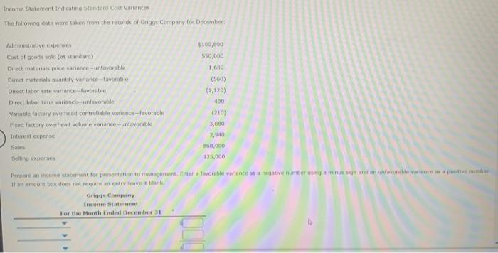 Solved Income Statement indicating Standard Cost Variances | Chegg.com