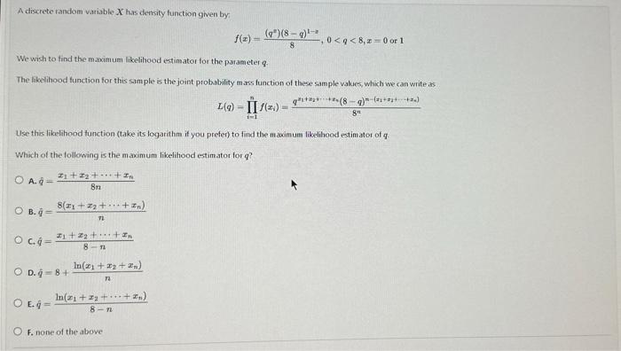 Solved A discrete random variable ( X ) has density function | Chegg.com