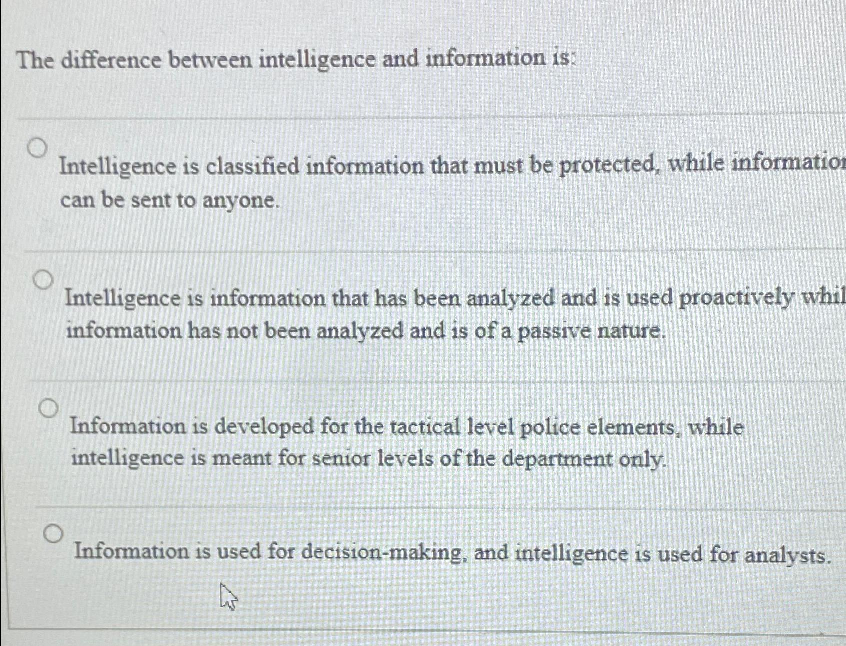Solved The difference between intelligence and information | Chegg.com