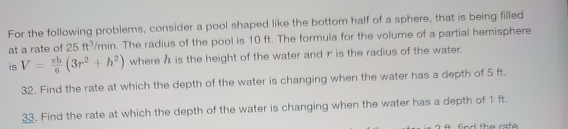 Solved For the following problems, consider a pool shaped | Chegg.com