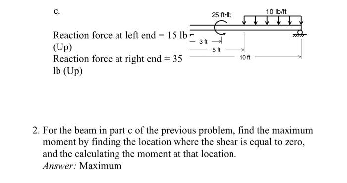 Solved c. Reaction force at left end =15lb (Up) Reaction | Chegg.com