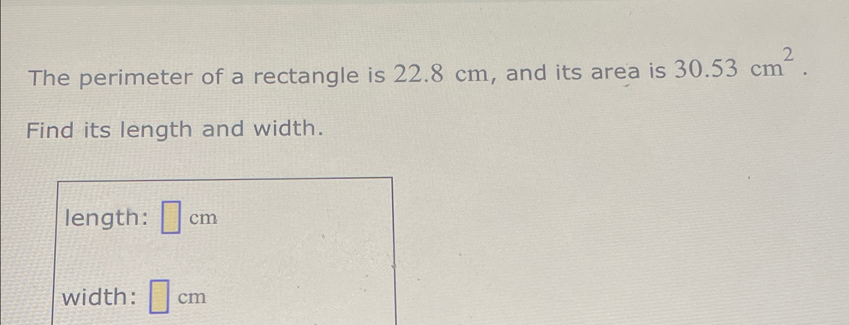 Solved The perimeter of a rectangle is 22.8cm, ﻿and its area | Chegg.com