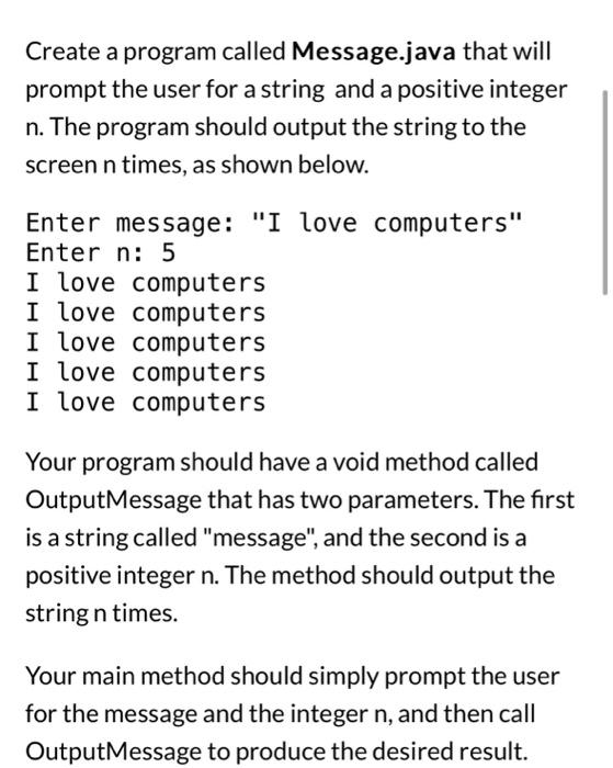 Solved Create a program called Message.java that will prompt | Chegg.com