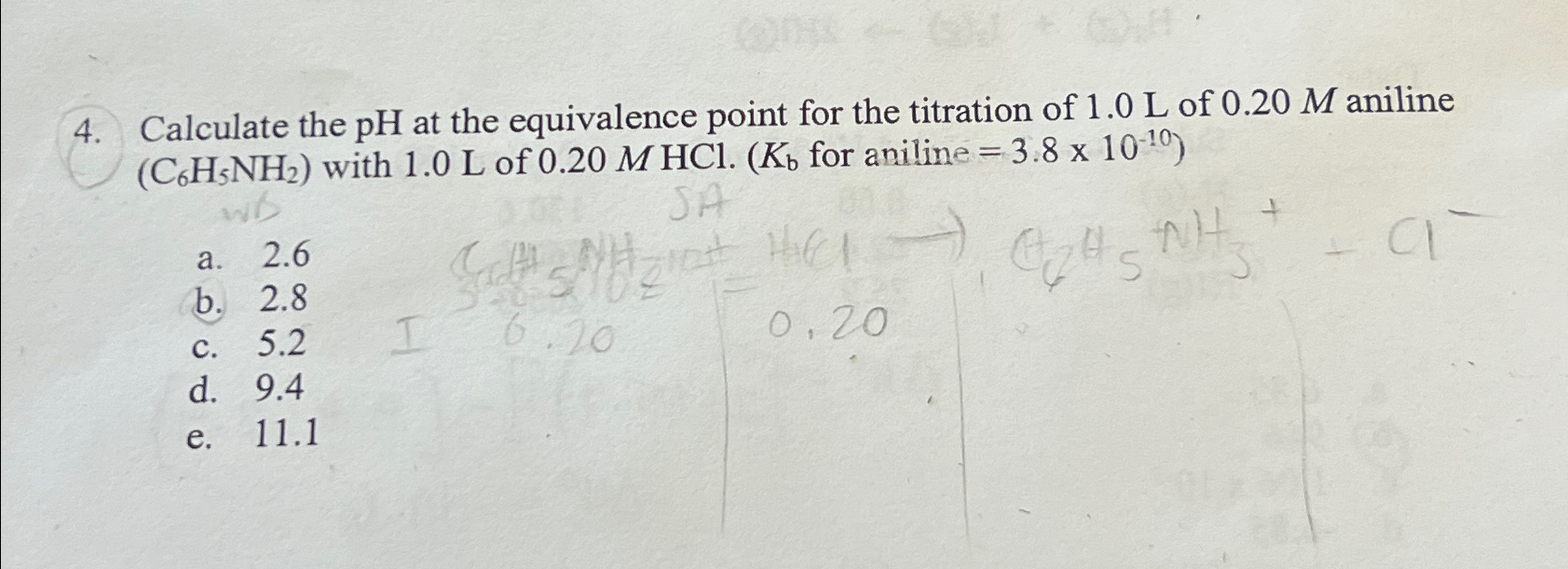 Solved Calculate the pH ﻿at the equivalence point for the | Chegg.com