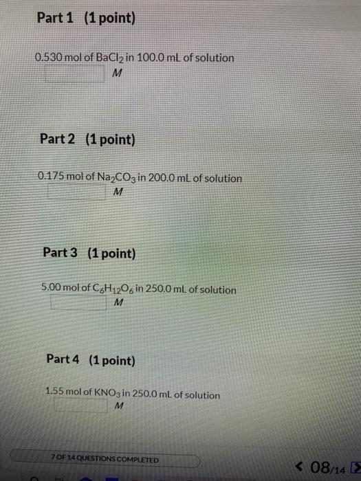 Solved Part 1 (1 point) 0.530 mol of BaCl2 in 100.0 mL of | Chegg.com