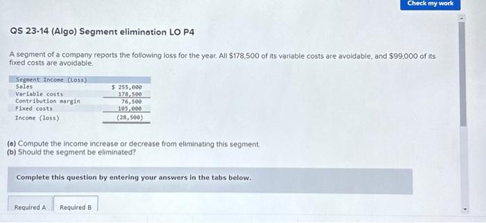 Solved QS 23-14 (Algo) Segment elimination LO P4 A segment | Chegg.com