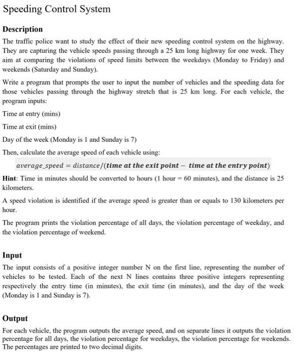 Solved Speeding Control System Description The traffic | Chegg.com