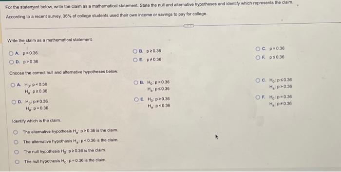 Solved For the statement below, write the claim as a | Chegg.com