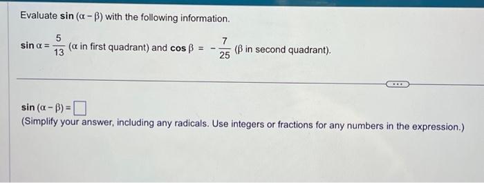 Solved Evaluate sin(α−β) with the following information. | Chegg.com