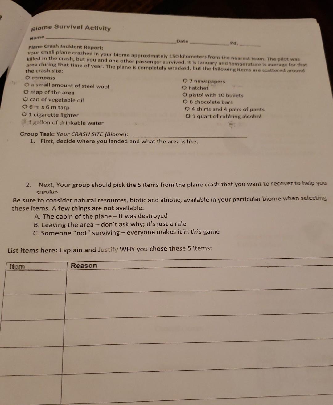 Solved Biome Survival Activity Name Date Pd. plane Crash | Chegg.com