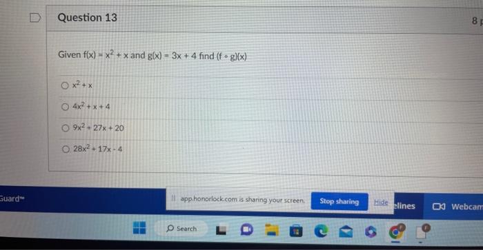 Solved Given f(x)=x2+x and g(x)=3x+4 find (f∘g)(x) x2+x | Chegg.com