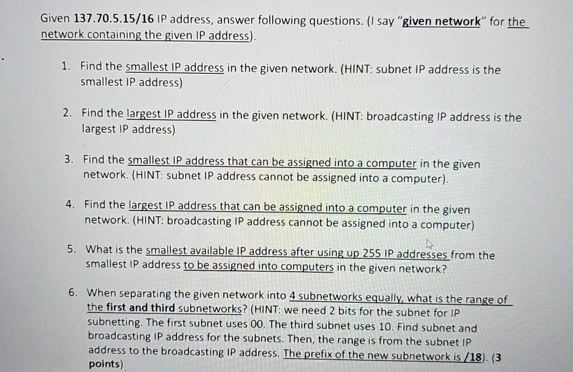 Solved Given 137.70.5.15/16 ﻿IP address, answer following | Chegg.com