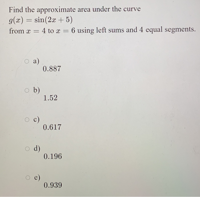 Solved Find the approximate area under the curve g(x) = | Chegg.com