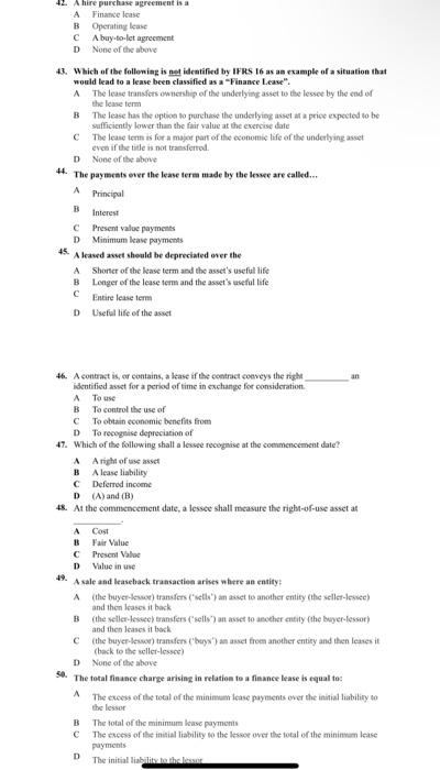 Solved 42. Nhire purehase agrecment is a A Finance lcase B | Chegg.com