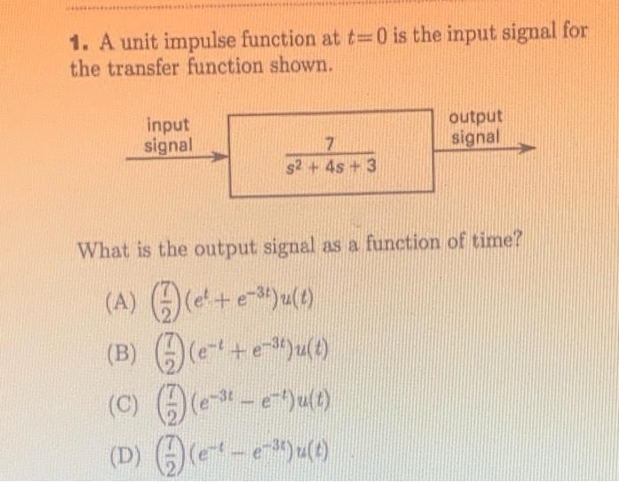 Solved 1. A unit impulse function at t=0 is the input signal | Chegg.com