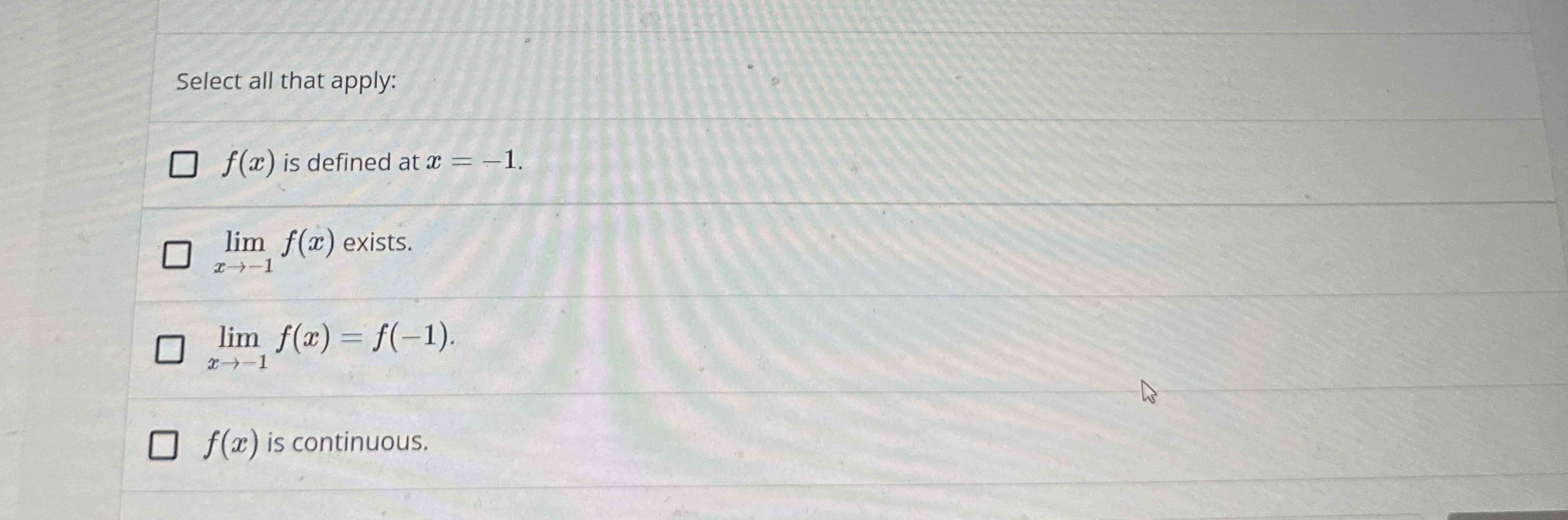 Solved Select all that apply:f(x) is ﻿defined | Chegg.com