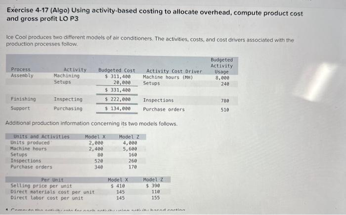 Solved Exercise 4-17 (Algo) Using activity-based costing to | Chegg.com