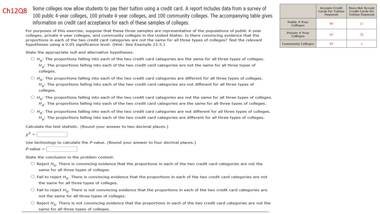 Solved Ch12Q8100 ﻿public 4 -year colleges, 100 ﻿private | Chegg.com