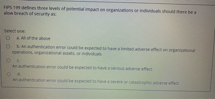 Solved FIPS 199 defines three levels of potential impact on | Chegg.com