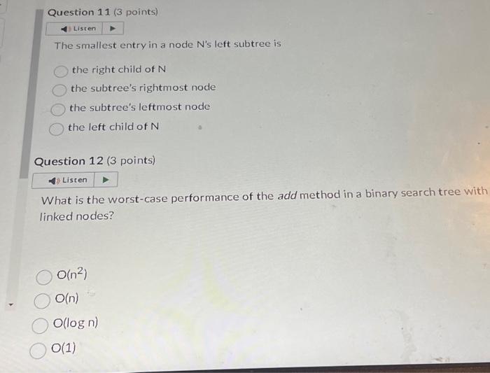 Solved The smallest entry in a node N's left subtree is the | Chegg.com