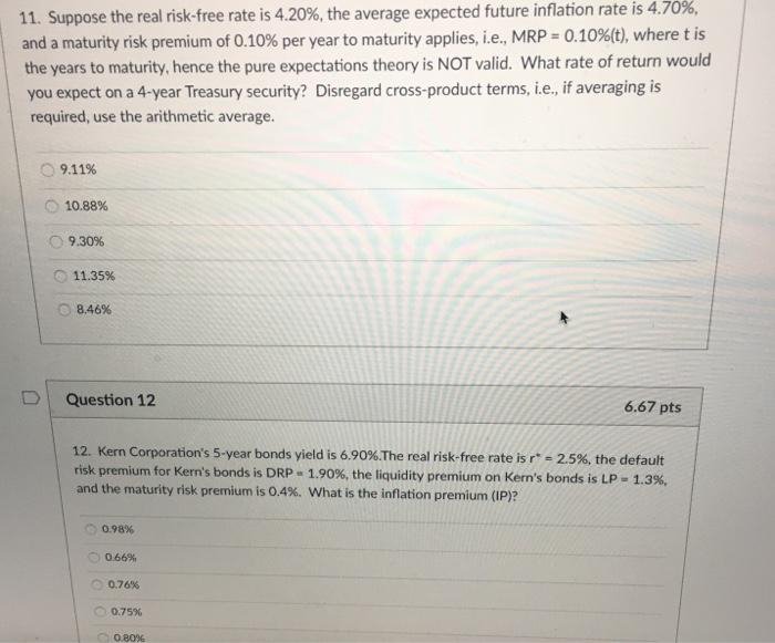 Solved 11. Suppose the real risk-free rate is 4.20%, the | Chegg.com