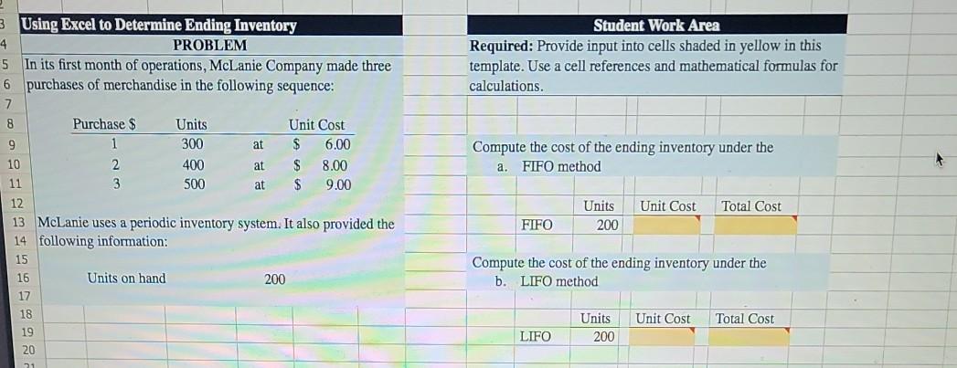 Solved Student Work Area Required: Provide input into cells | Chegg.com