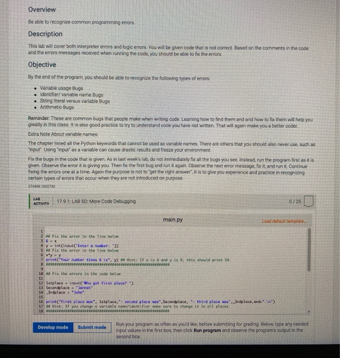 Solved Overview Be able to recognize common programming | Chegg.com