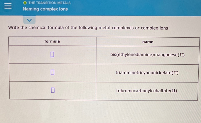 Solved O THE TRANSITION METALS Naming complex ions Write the | Chegg.com