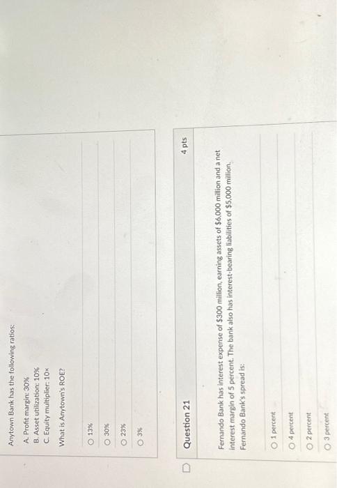 Solved Anytown Bank Has The Following Ratios A Profit
