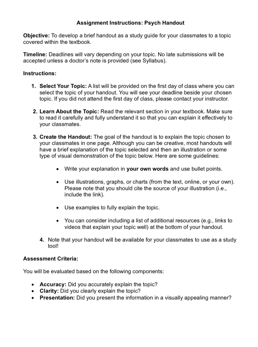 Solved Assignment Instructions: Psych HandoutObjective: To | Chegg.com