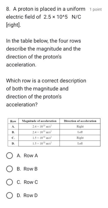 Solved 8. A proton is placed in a uniform 1 point electric | Chegg.com