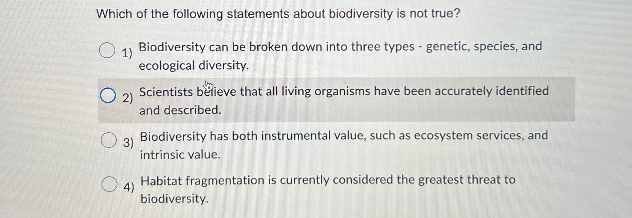 Solved Which of the following statements about biodiversity | Chegg.com