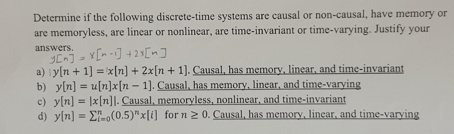 Solved Determine if the following discrete-time systems are | Chegg.com