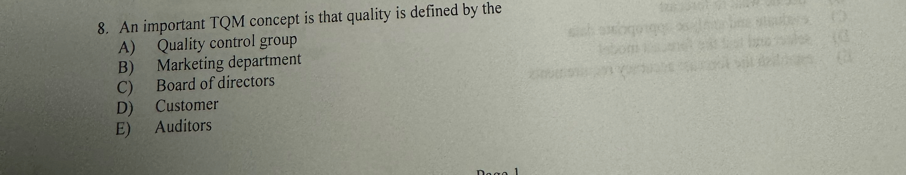 Solved An important TQM concept is that quality is defined | Chegg.com