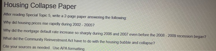 Solved Housing Collapse Paper After reading Special Topic 5, | Chegg.com