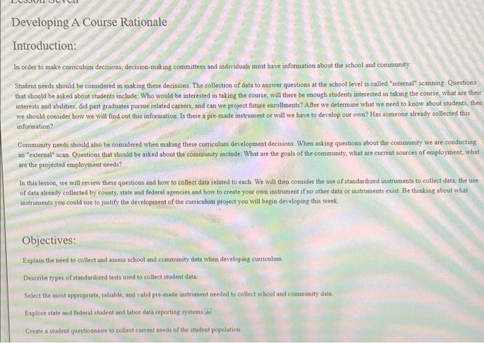 Solved Developing A Course Rationale Introduction: In order | Chegg.com