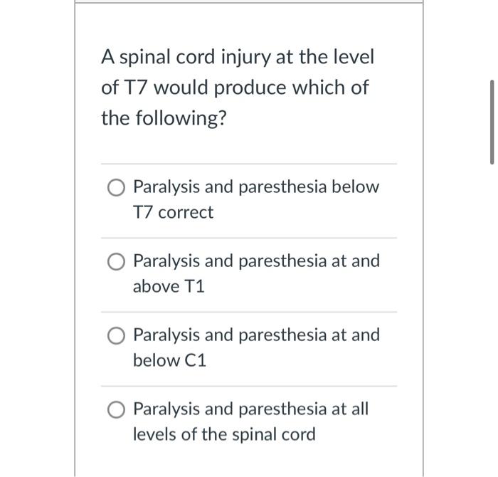 Solved A spinal cord injury at the level of T7 would produce | Chegg.com