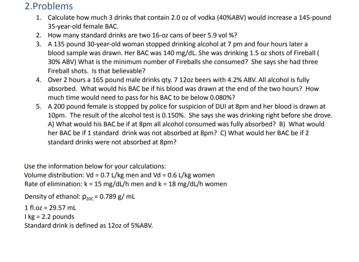 Solved 2.ProblemsCalculate how much 3 ﻿drinks that contain | Chegg.com
